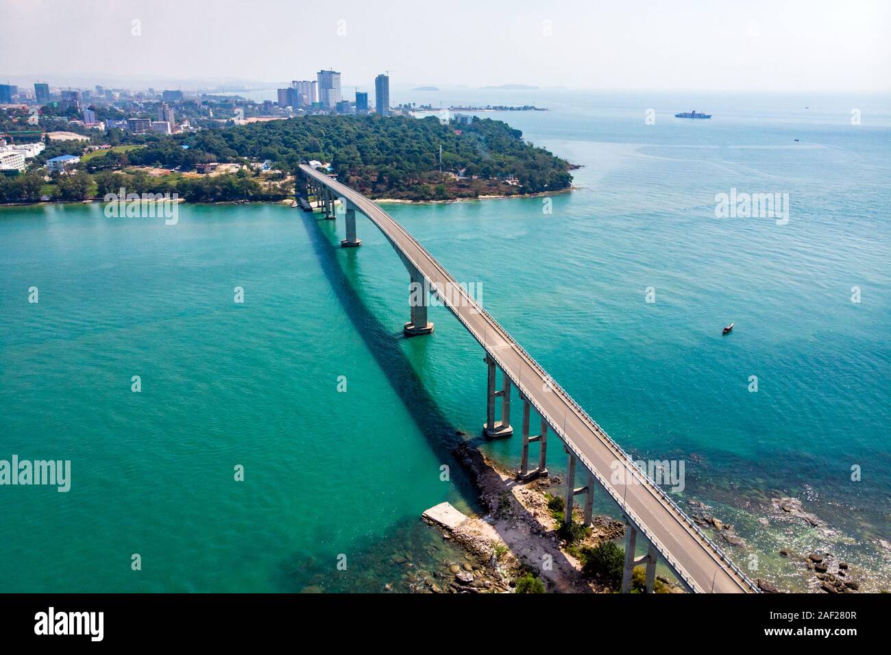 Long road and pedestrian bridge TECHO MORAKAT to Snake island KOH PUOS ...