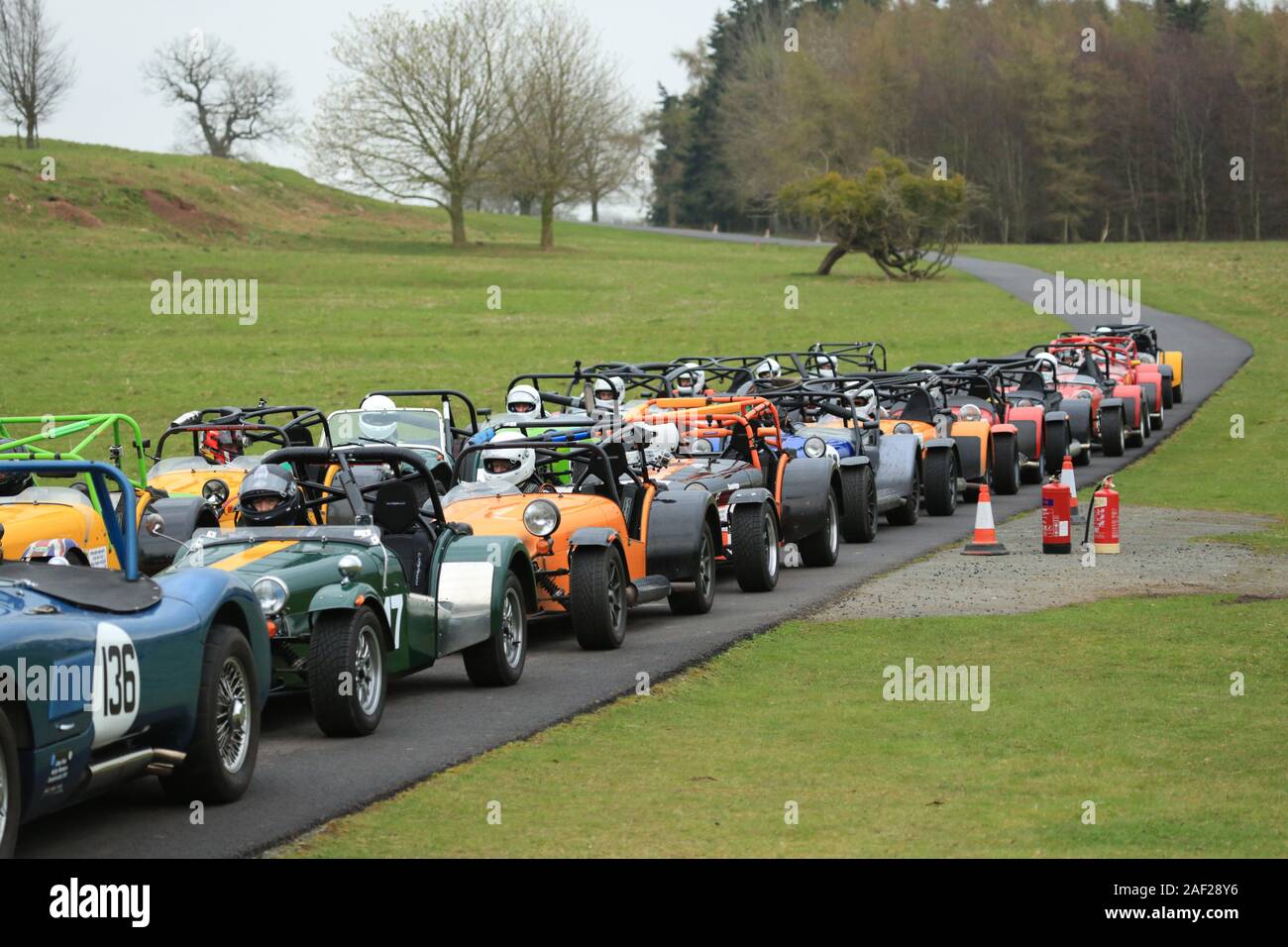 Caterham sports cars lined up at Loton park hillclimb, Shropshire, UK ...