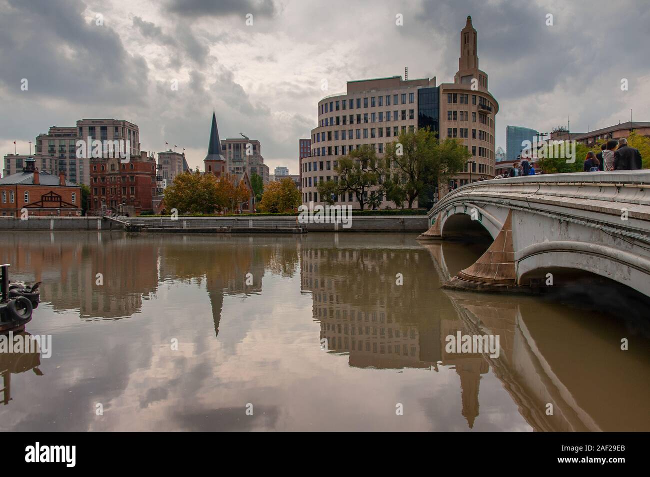 View along the Zhapu Road Bridge to the old quarter, Shanghai, China ...