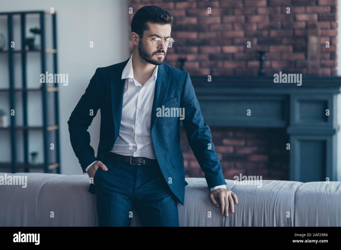Portrait of his he nice attractive serious imposing bearded guy ceo ...