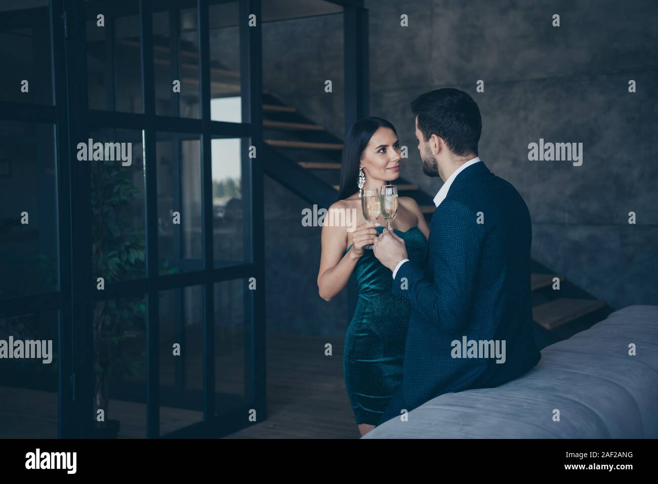 Photo of two classy trendy people couple wealthy guy and lady standing ...