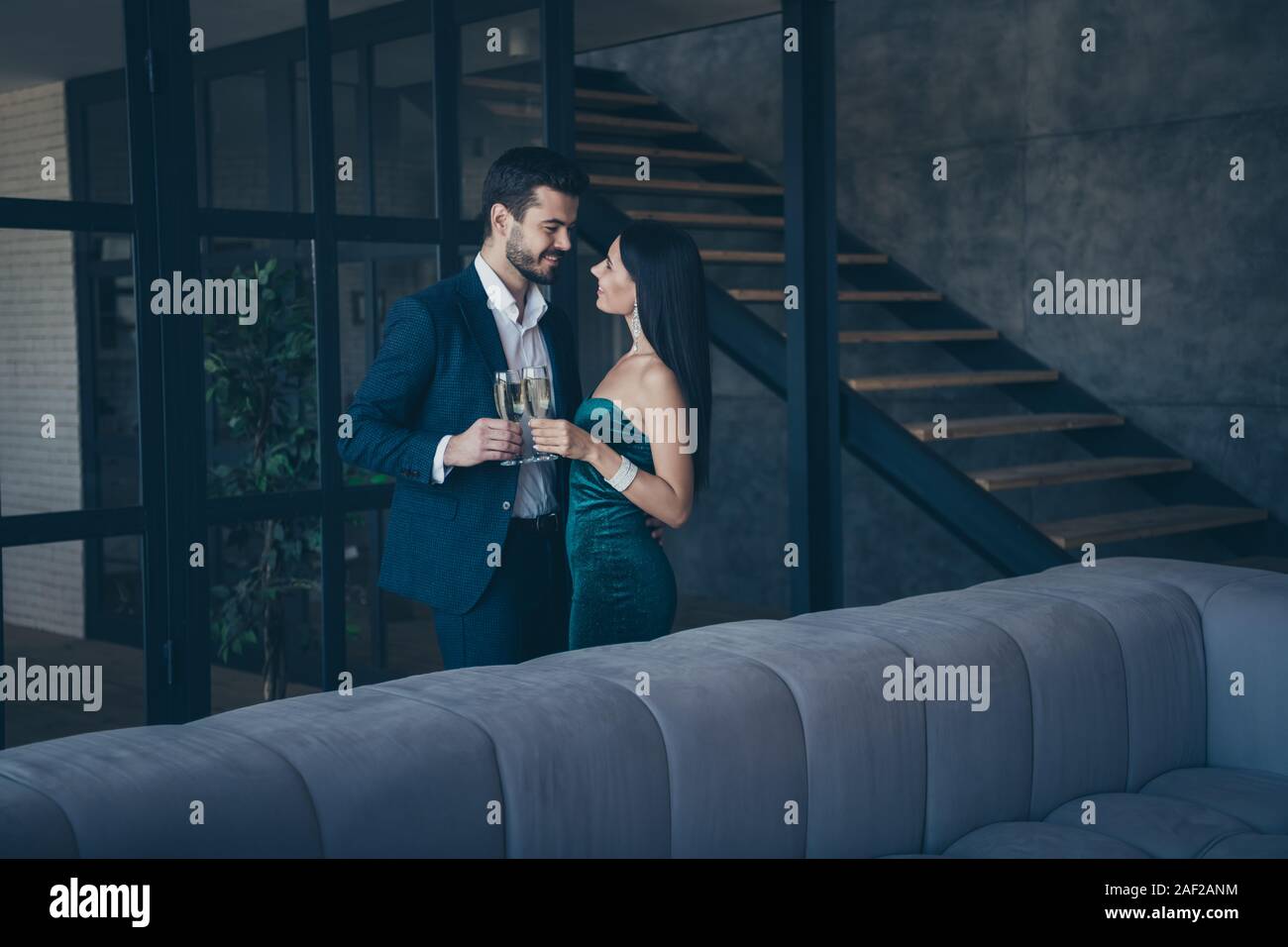 Profile photo of two classy stylish trendy people couple wealthy guy ...