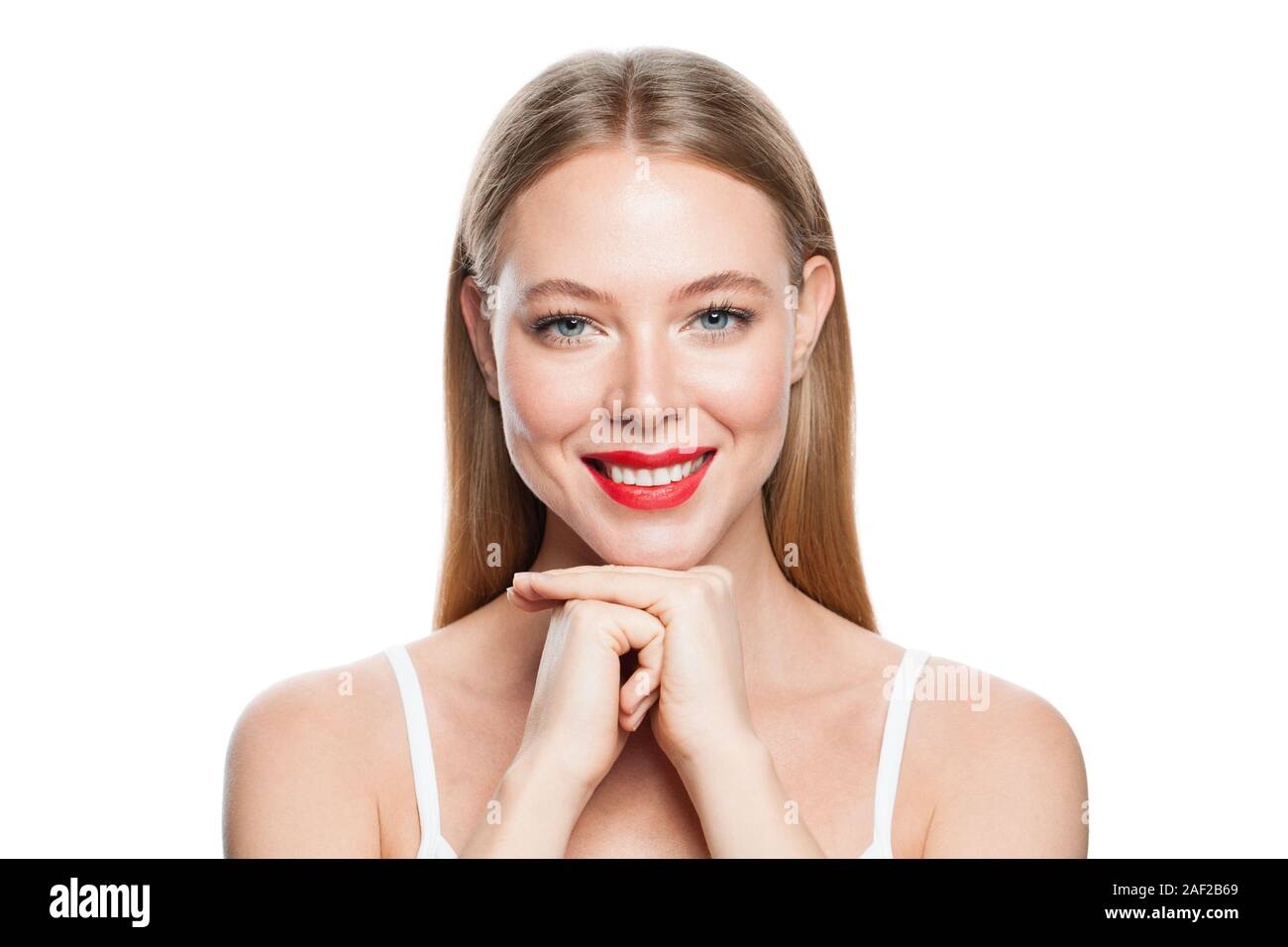 Isolated woman on white background. Happy healthy model smiling ...