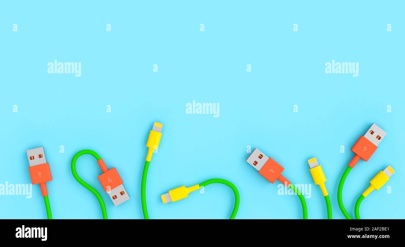 flat lay style USB cables that simulate stylized flowers. 3d render ...