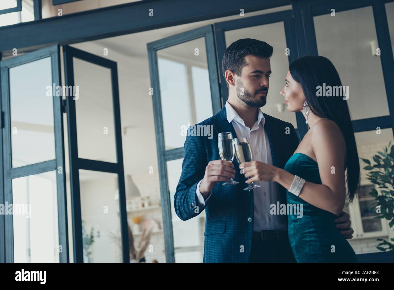 Photo of two classy stylish trendy people couple wealthy guy and lady ...