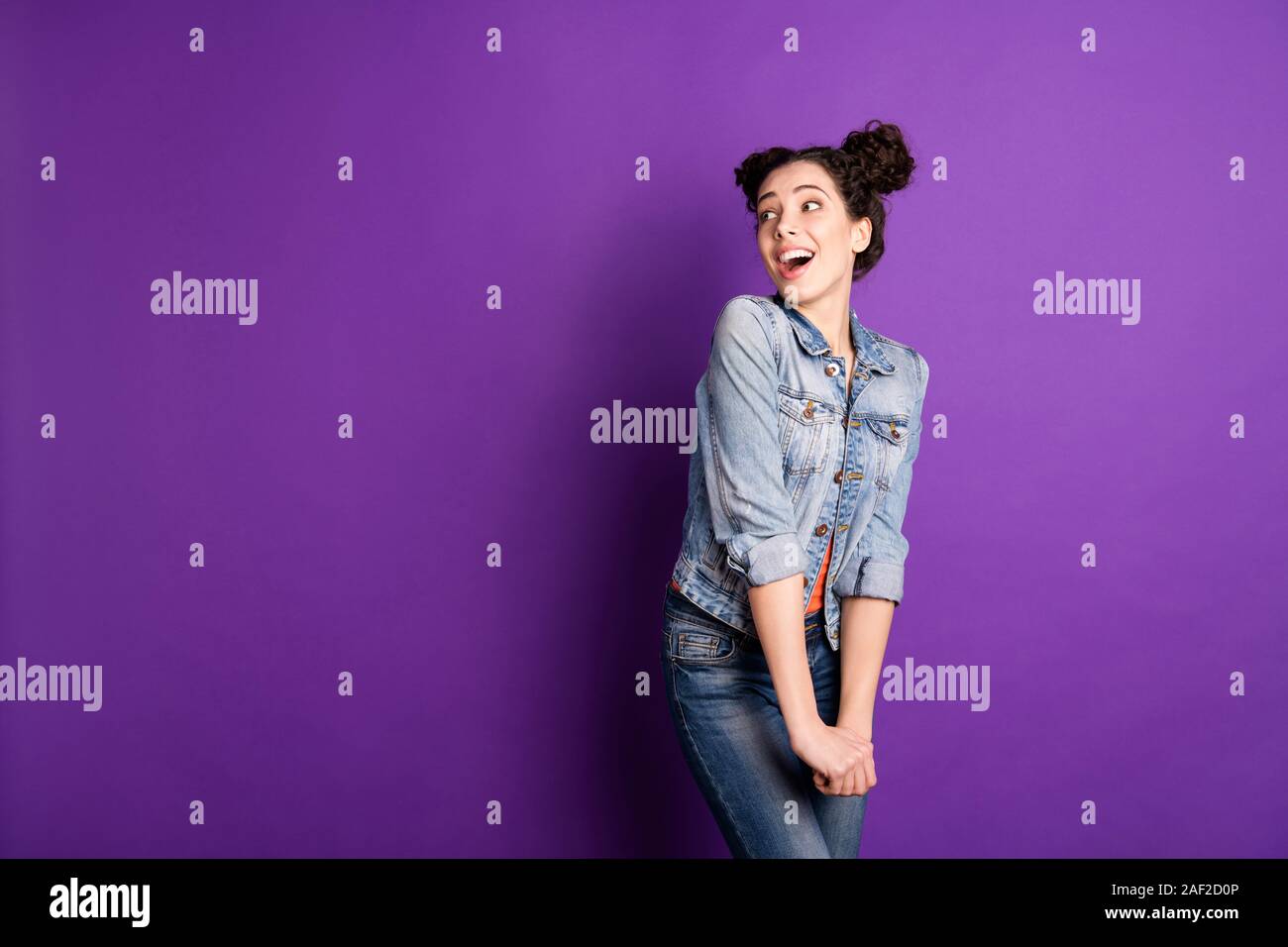 Portrait of astonished girl spend weekends with friends feel modest shy ...