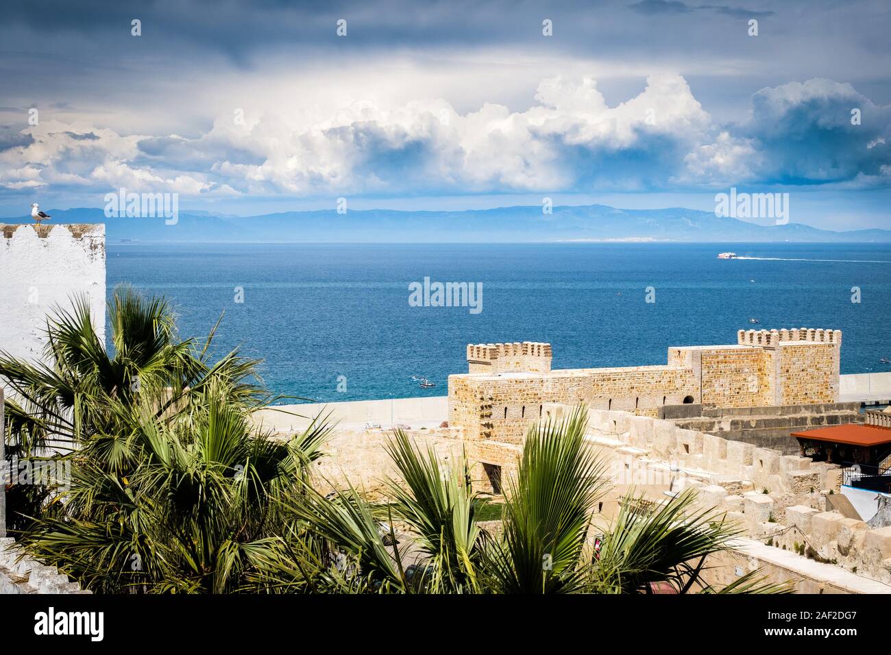 Morocco, Tangier: overview of the Strait of Gibraltar from the ramparts ...