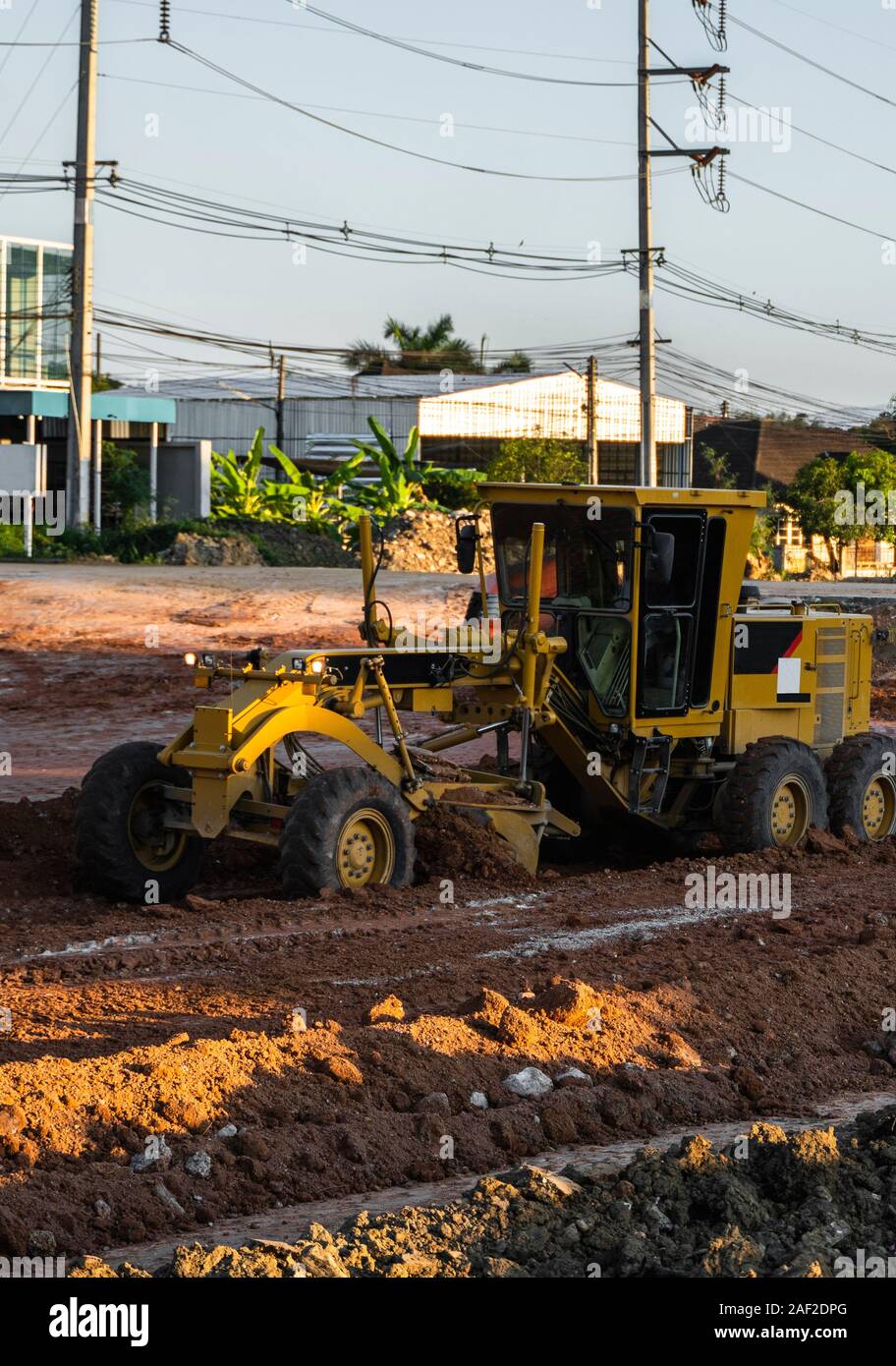 Grader is working on road construction. Grader industrial machine on ...