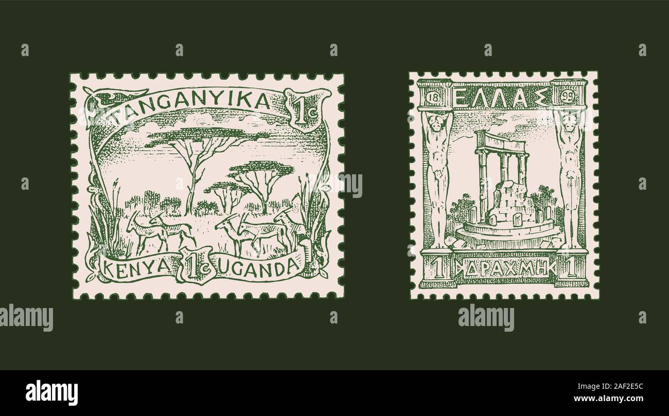 Vintage Postage stamp for album. Ancient landscapes. Retro old Sketch ...