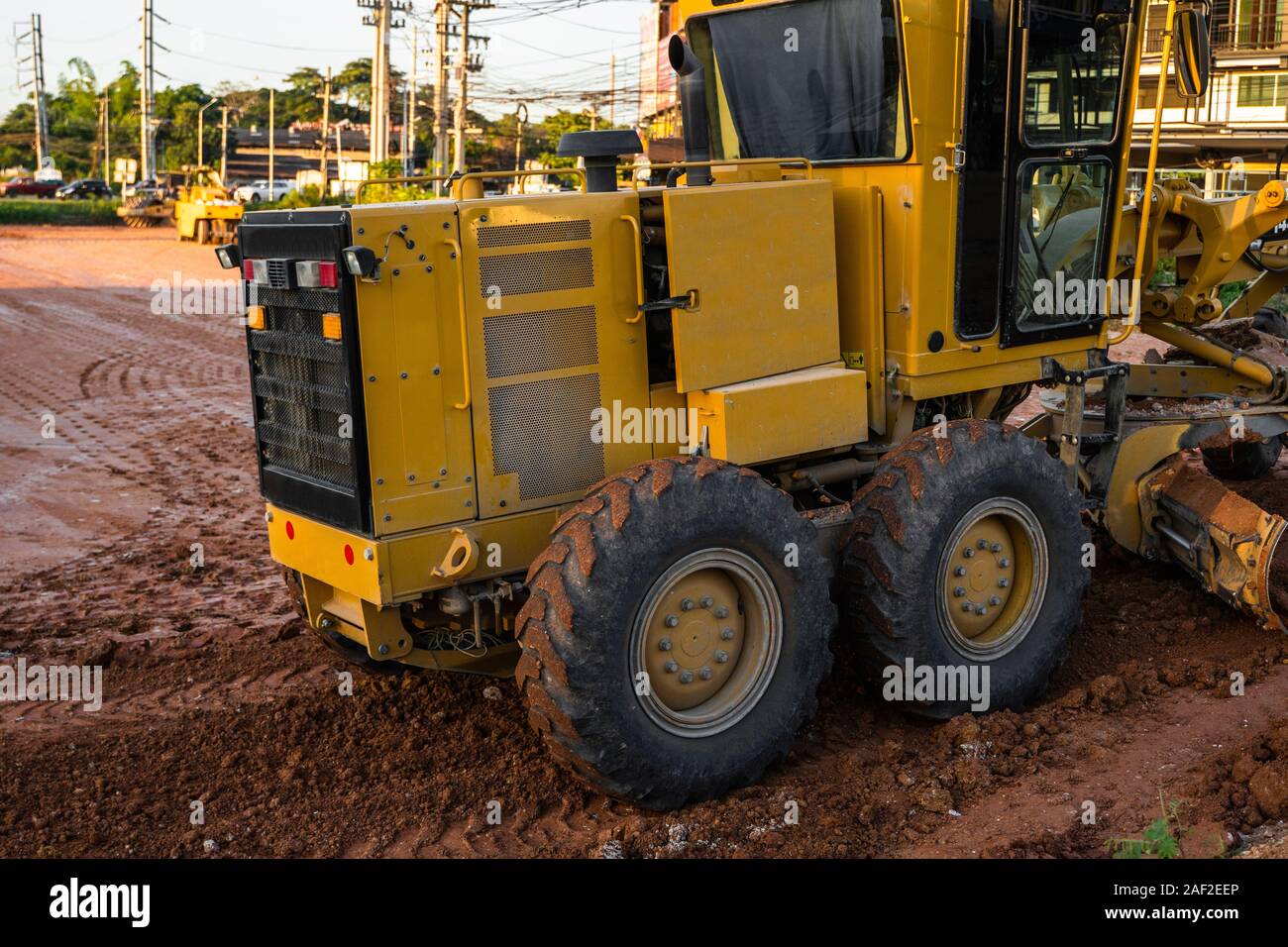 Grader is working on road construction. Grader industrial machine on ...