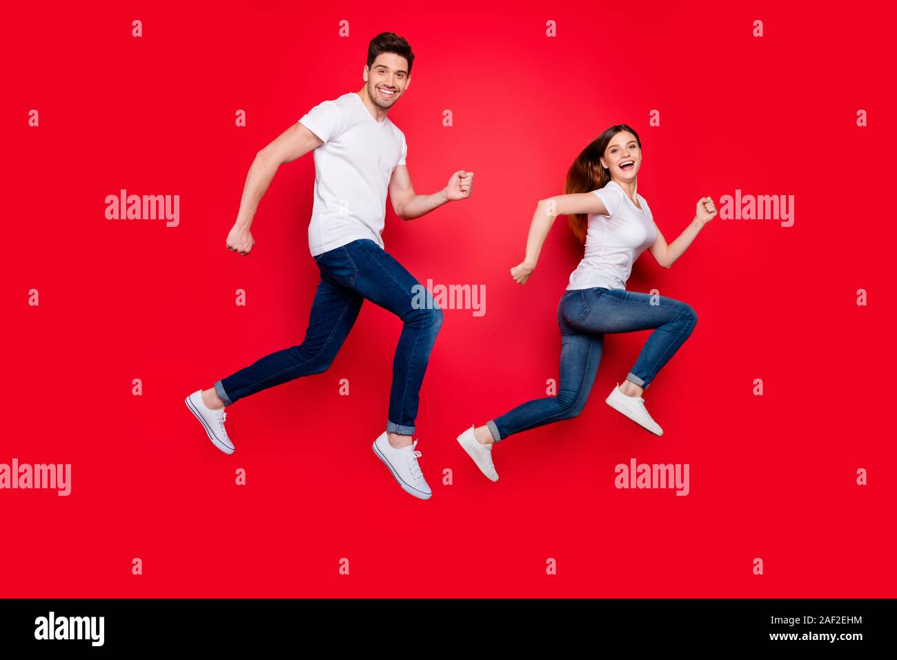 Side profile full length body size photo of cheerful positive nice ...