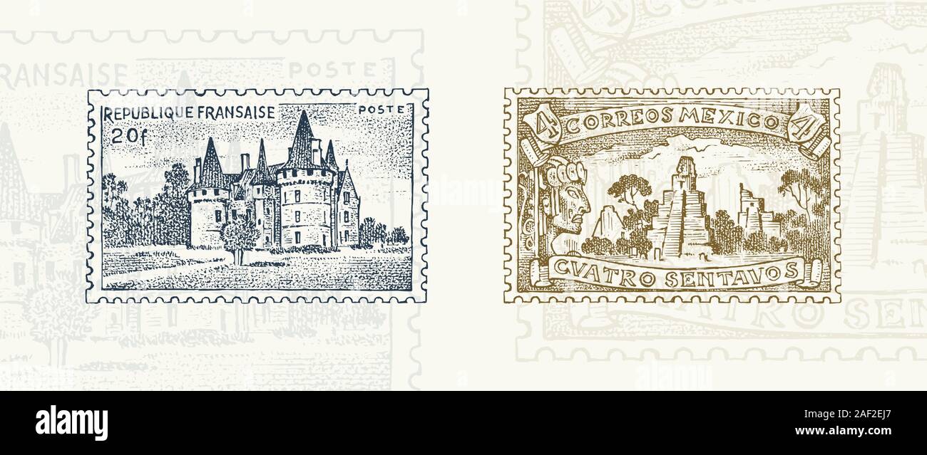 Vintage Postage stamp for album. Ancient landscapes. Retro old Sketch ...