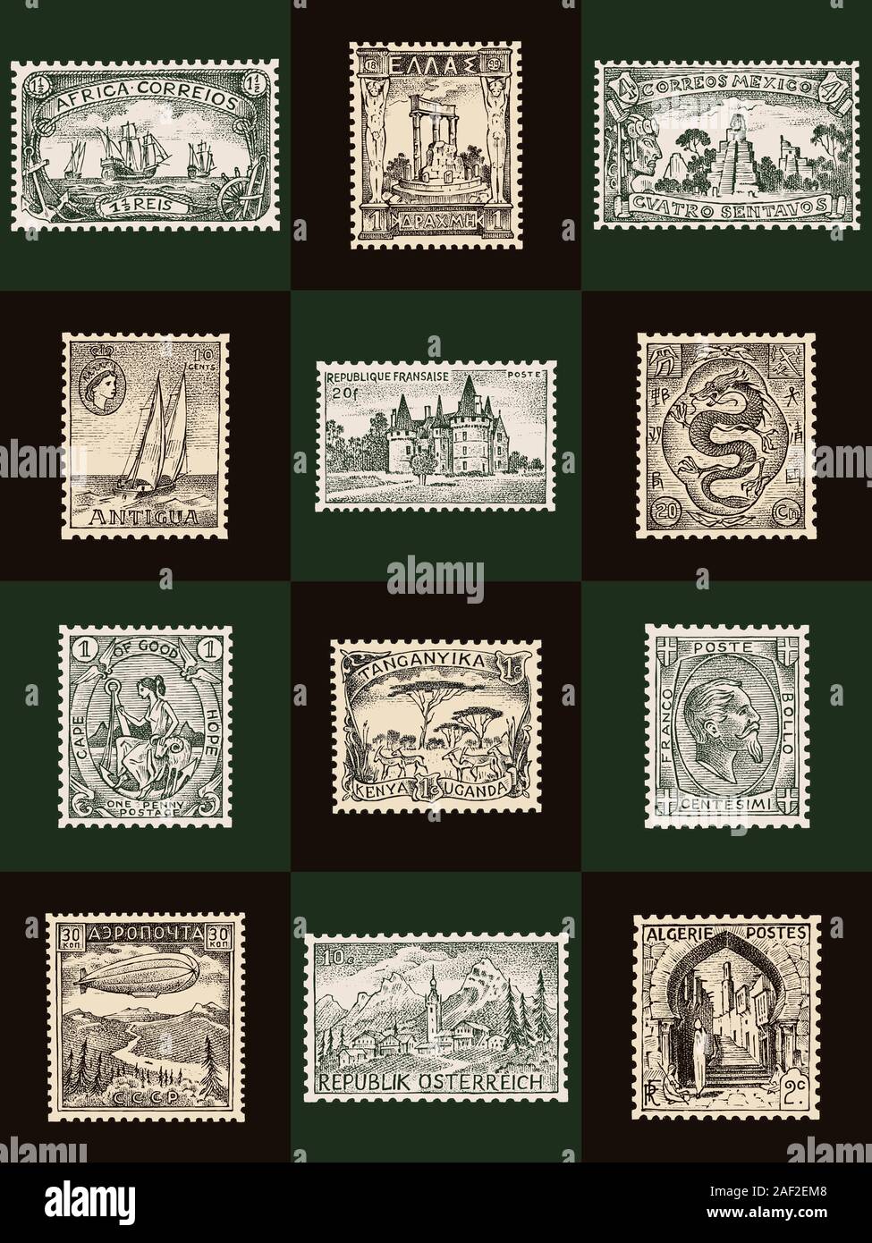 Vintage Postage stamps set. Ancient landscapes, dragon and sailing ship ...
