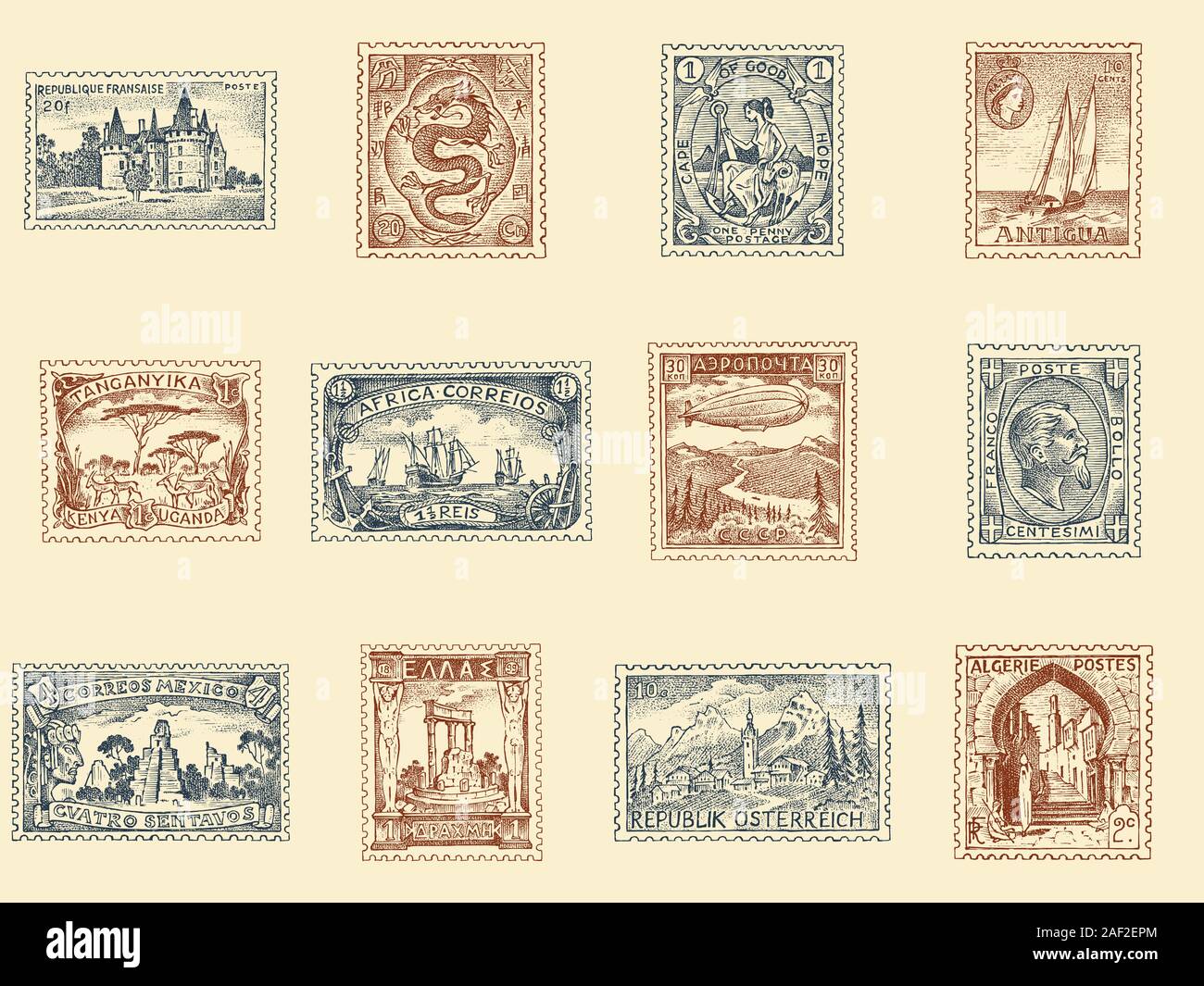Vintage Postage stamps set. Ancient landscapes, dragon and sailing ship ...