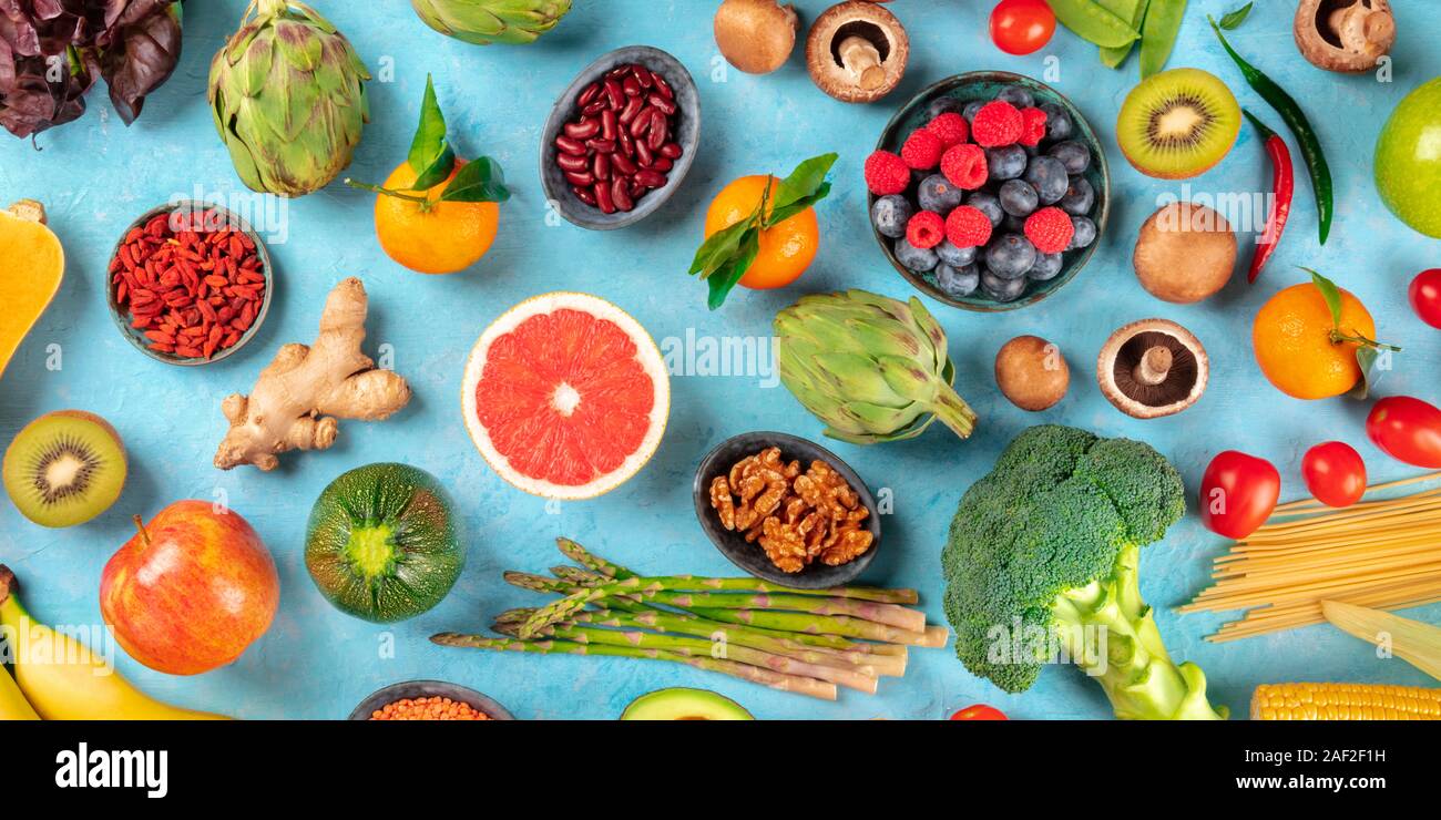 Vegan food panorama. Healthy diet concept. Fruits, vegetables, nuts ...