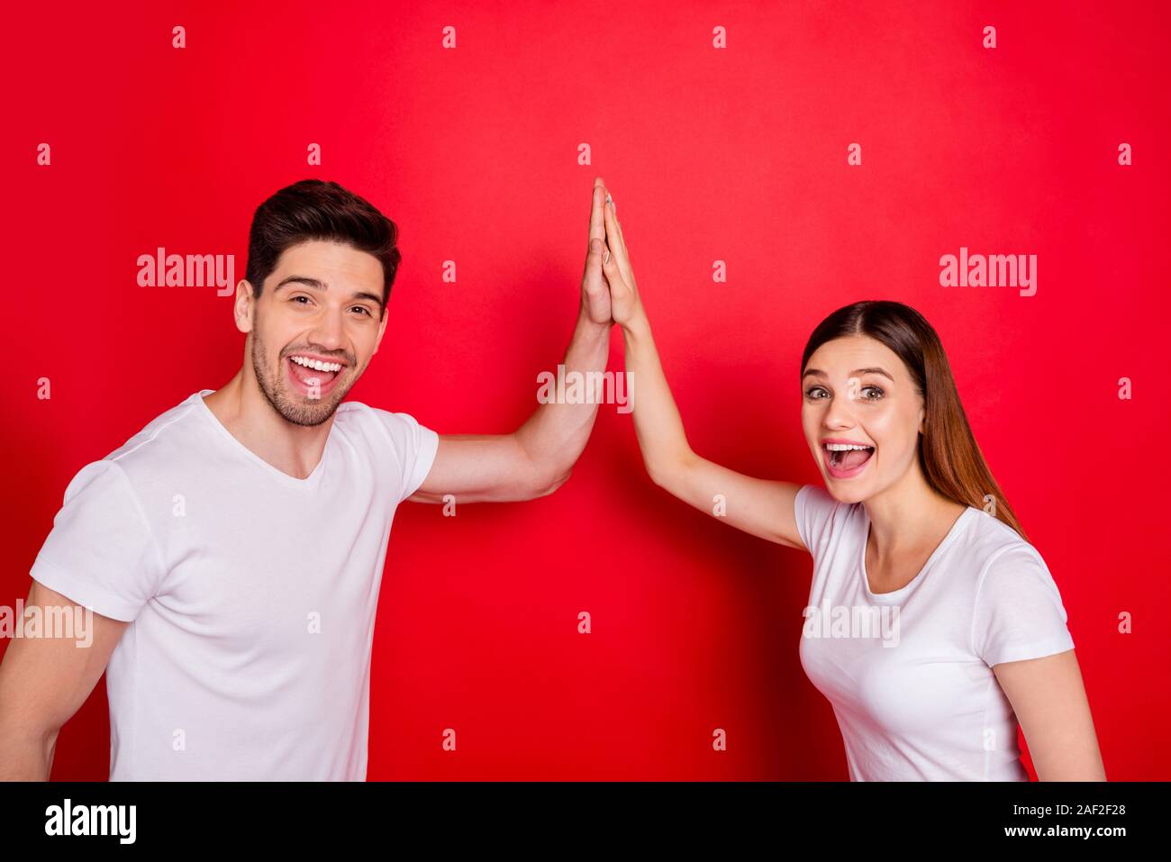 Photo of cheerful positive students redhair nice pretty couple of ...