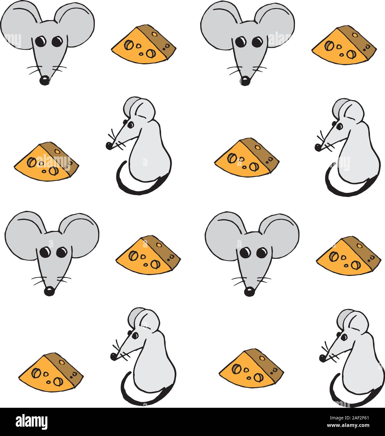 gray mice with yellow cheese on a white background, hand-drawn, vector ...
