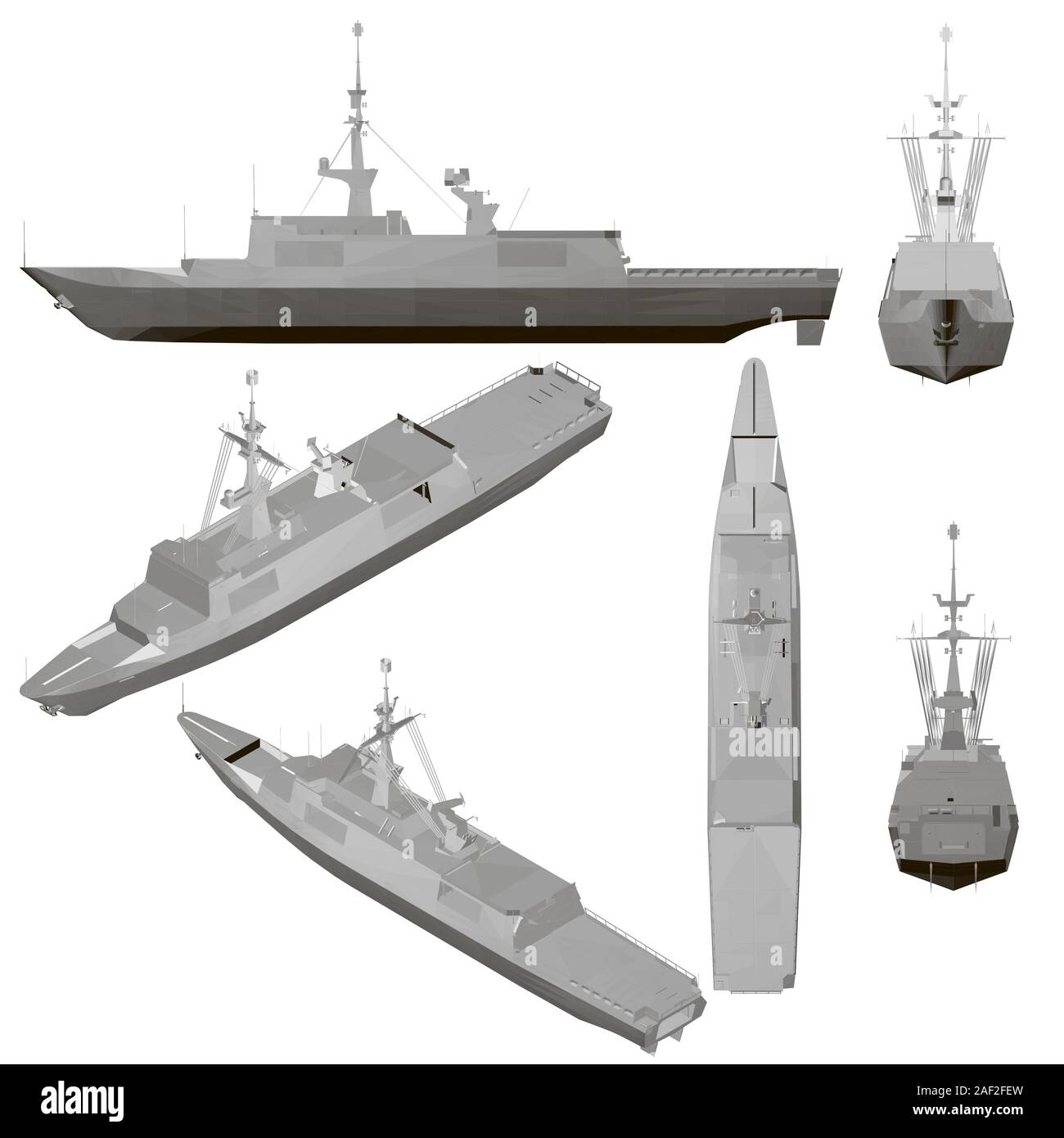 Set with a warship isolated on a white background. Ship with weapons ...