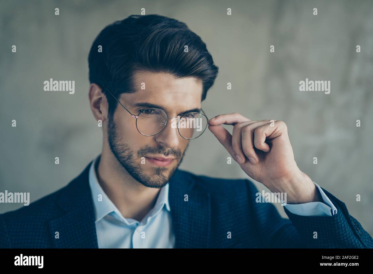 Close up photo of focused businessman rich wealthy company owner touch ...