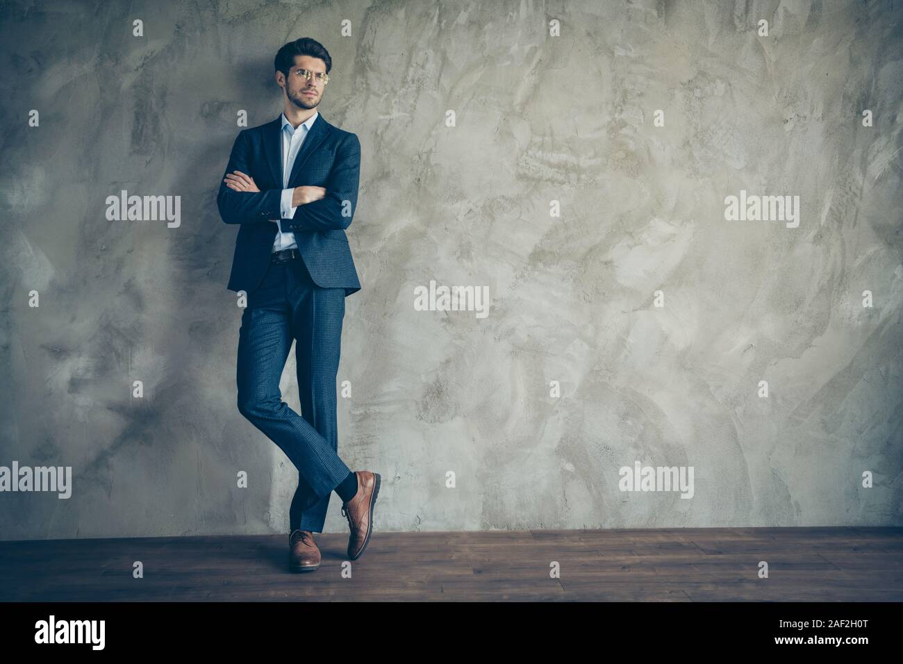 Full length photo of dreamy wealthy company owner businessman cross his ...