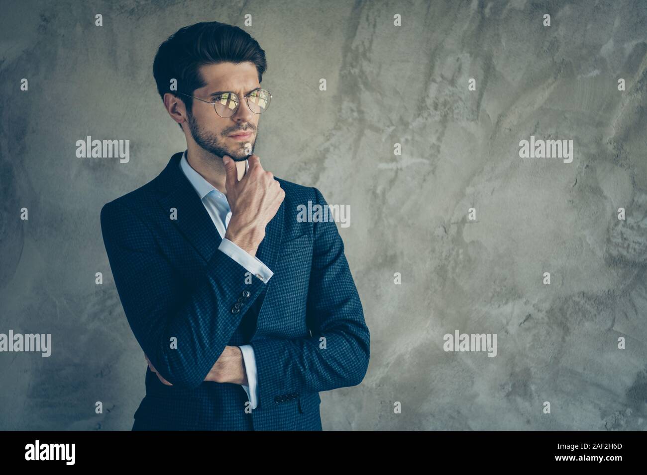 Photo of bewildered interested man coming up with new curious creative ...