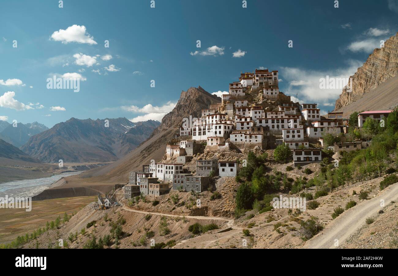 View of the ancient Key Monastery flanked by the high Himalayas and the ...
