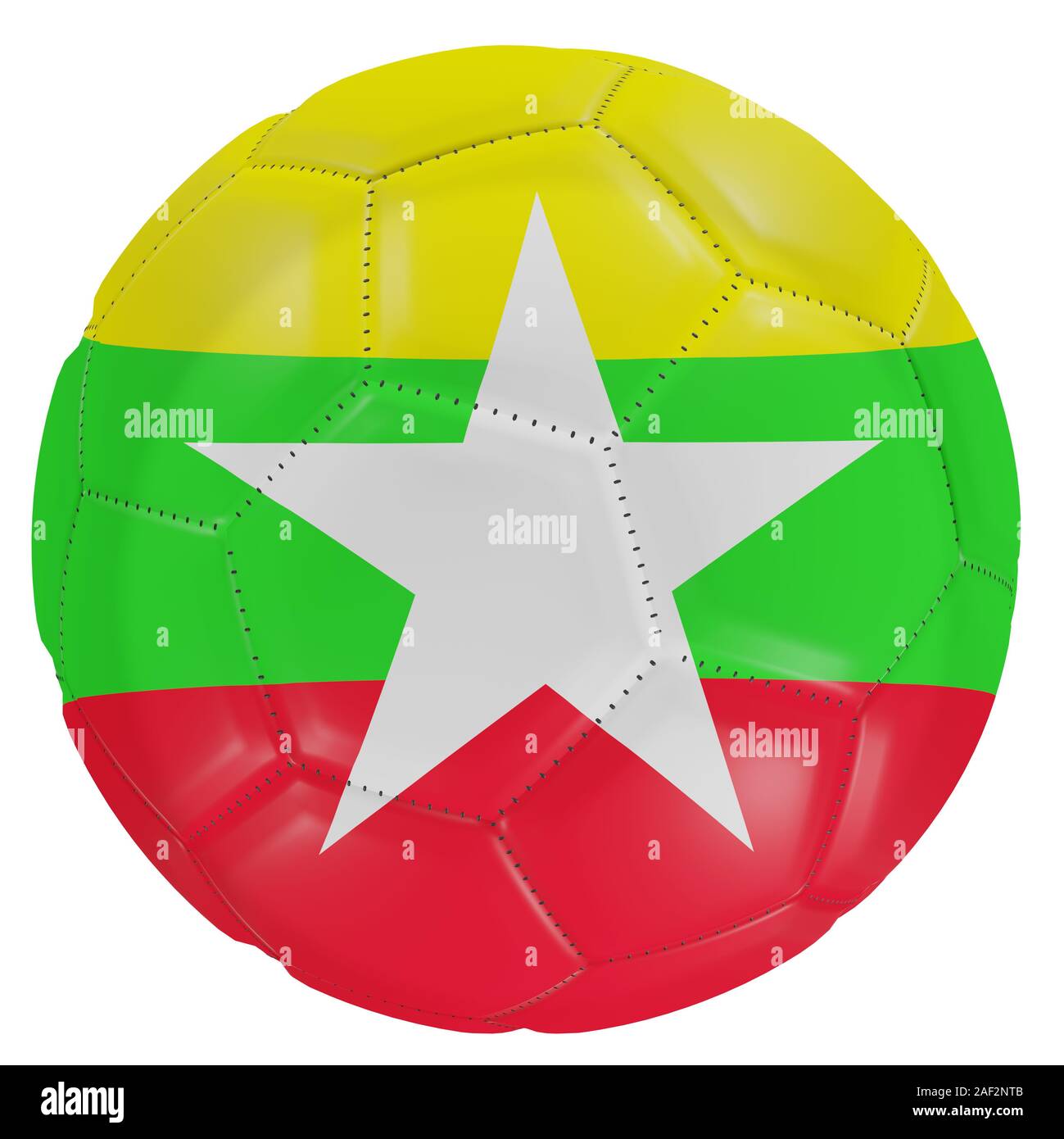 3d rendering of a Myanmar flag on a soccer ball. Isolated in white ...