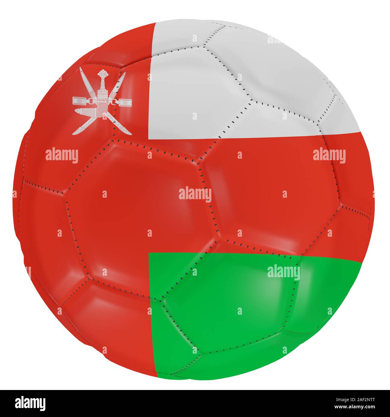 3d rendering of an Oman flag on a soccer ball. Isolated in white ...