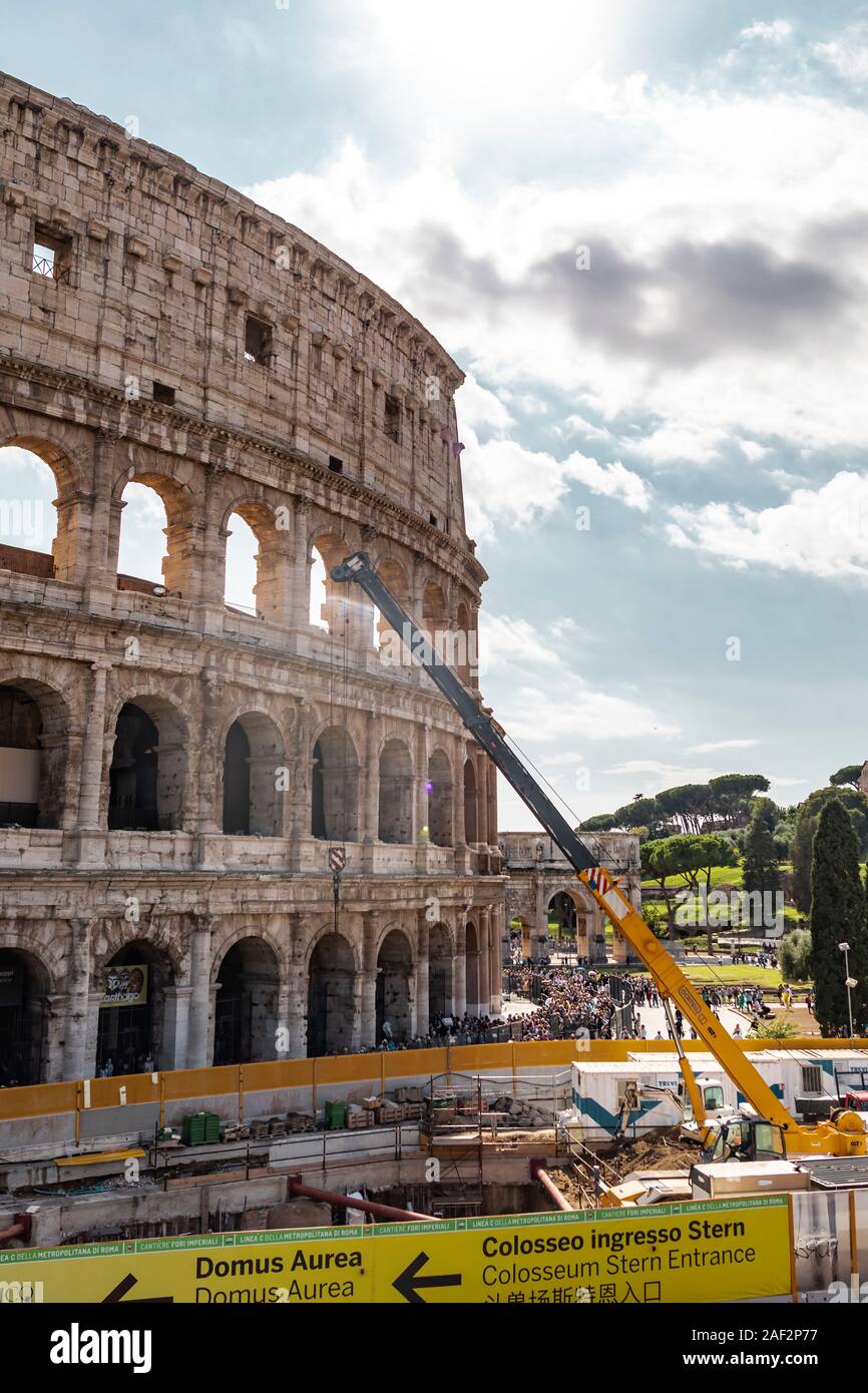 Rome, Italy - October 3 2019: Construction work and crane in front of ...