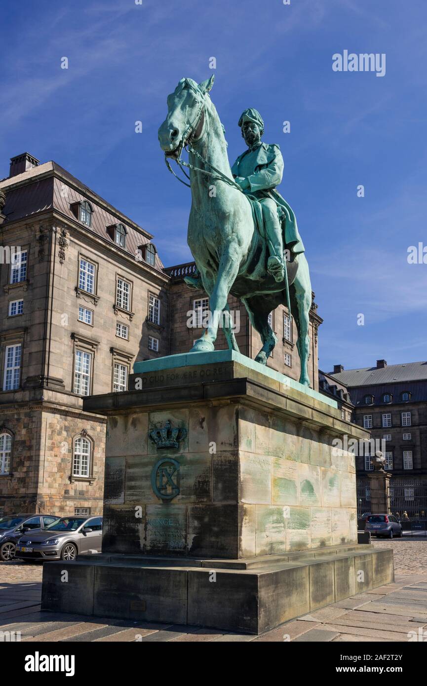 Equestrian statue of Christian IX in front fo Christiansborg Palace ...