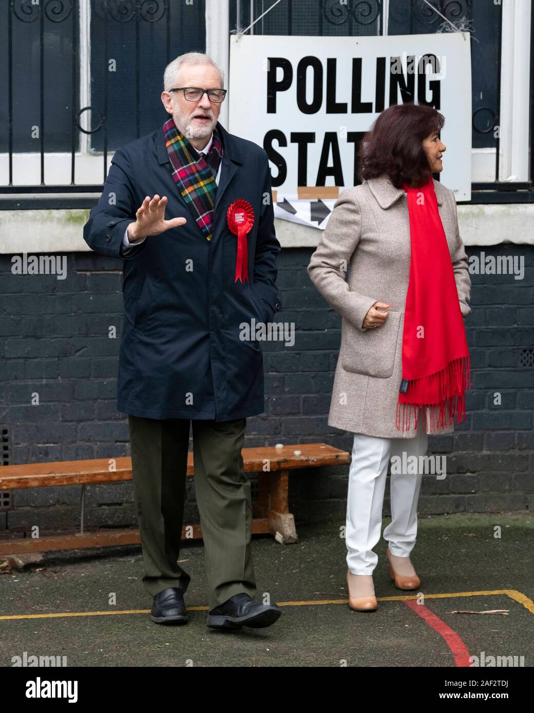 London, UK. 12th Dec, 2019. Jeremy Corbyn and his wife Laura Alvarez at ...