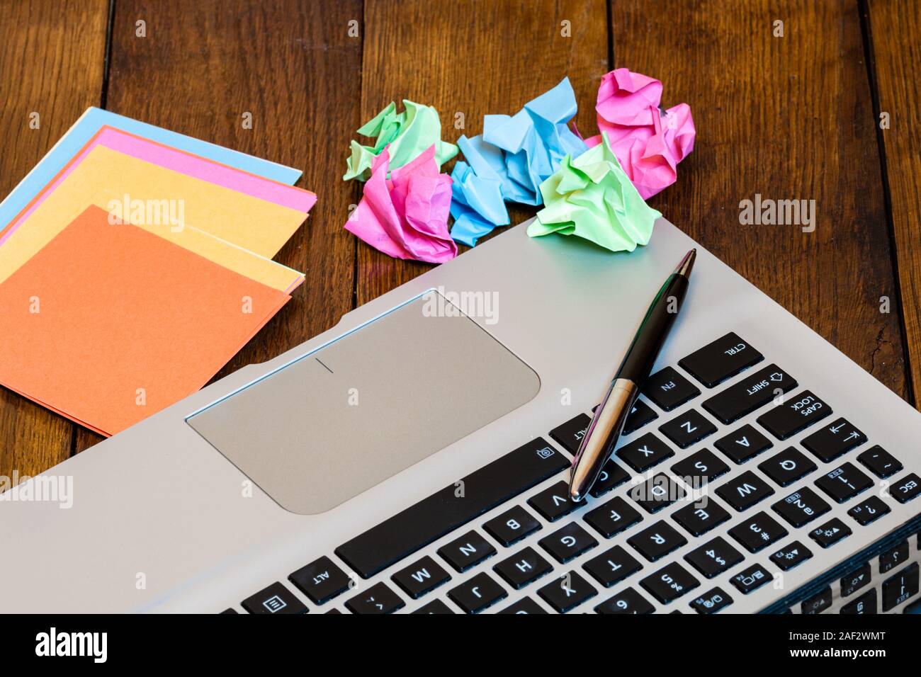 Different objects on wooden office desk. Modern wooden office desk ...