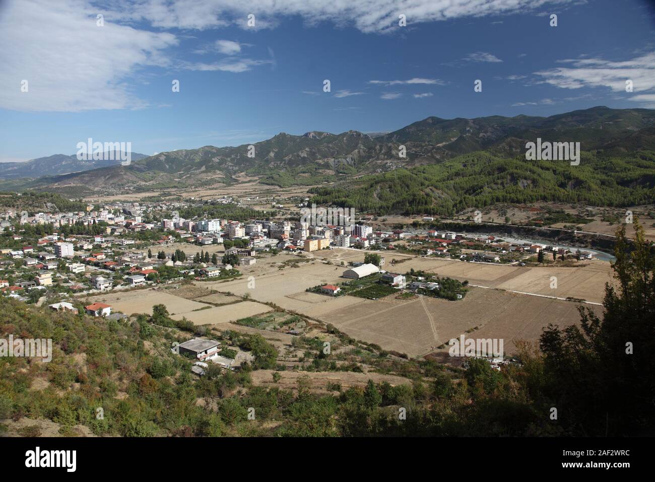 View of Permeti and the Vjosa river and valley from the Nemerkes ...