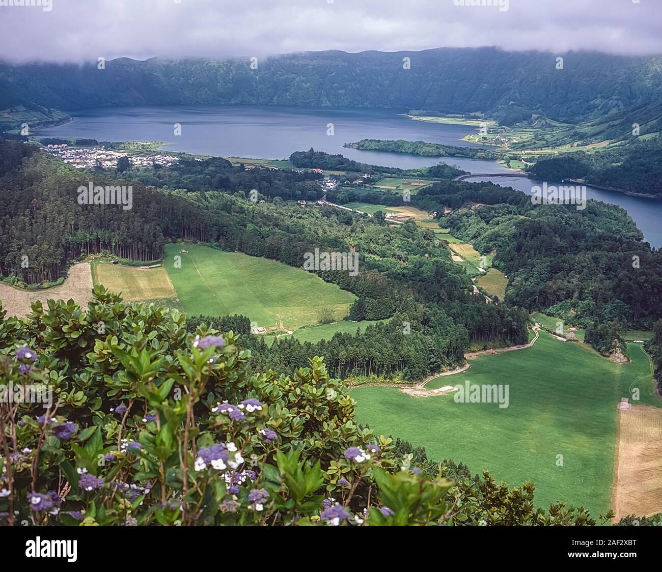 Colourful landscape at Lago Azul the Blue Lake on the Azores Island of ...