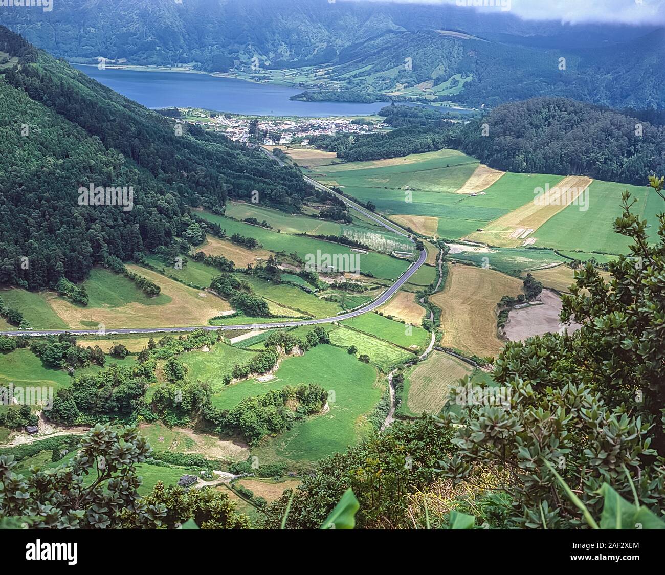 Colourful landscape scene looking towards the volcanic crater lakes of ...