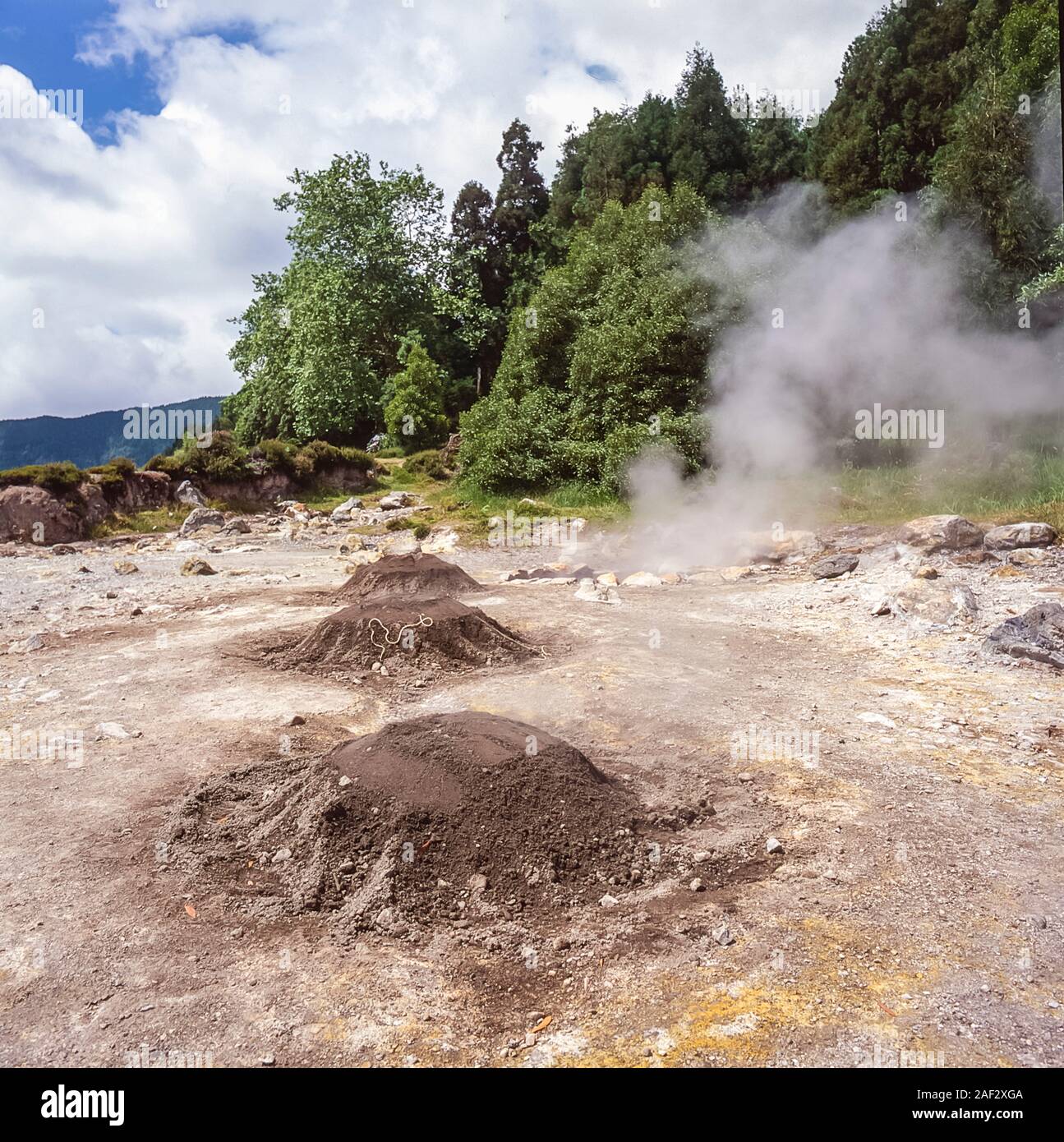 Colourful landscape scene of geo-thermal hot springs at Lago Das Furnas ...