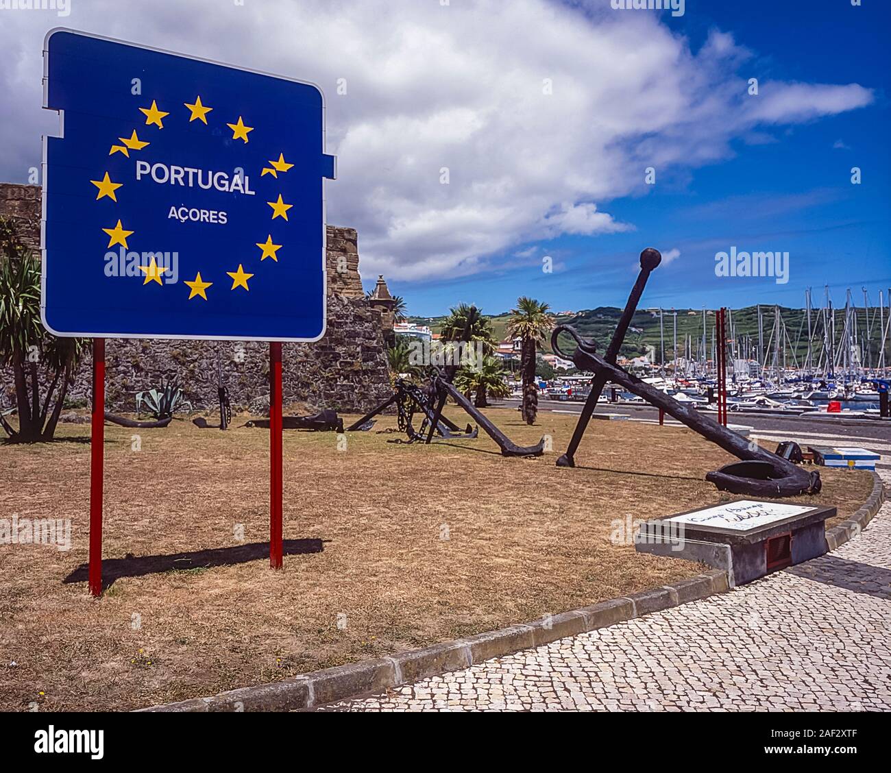 The colourful island of Faial with a European Union signboard outside ...