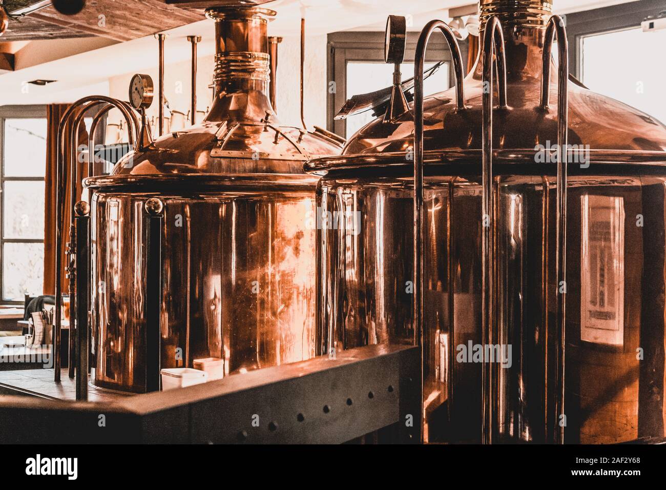 Beer tanks in production and outside the window sunny day Stock Photo ...