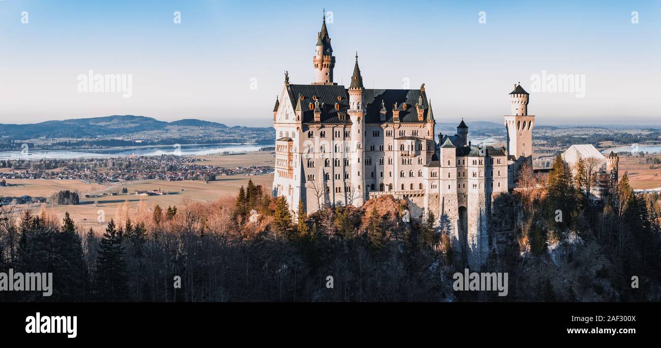 The famous Neuschwanstein castle during sunset, the popular tourist ...