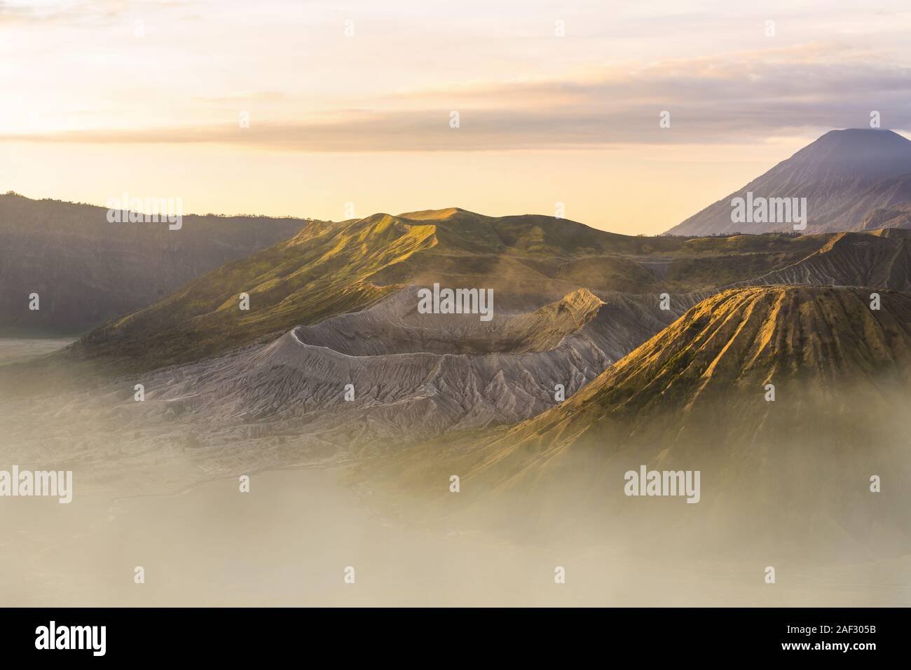 View from above, stunning close-up view of the Mount bromo crater and ...