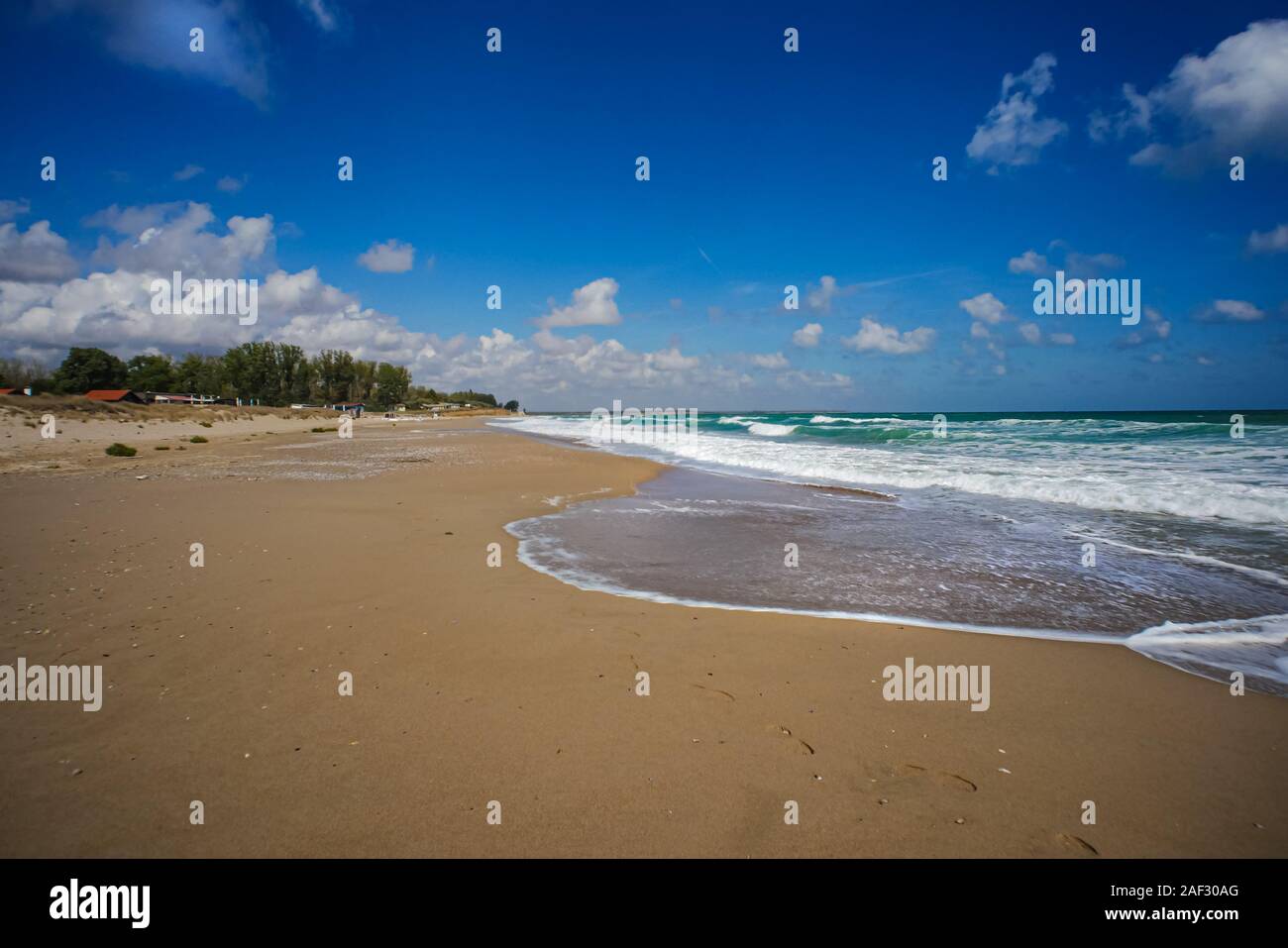 Empty sea beach. There are no steps in the sand. It's autumn. Only the ...