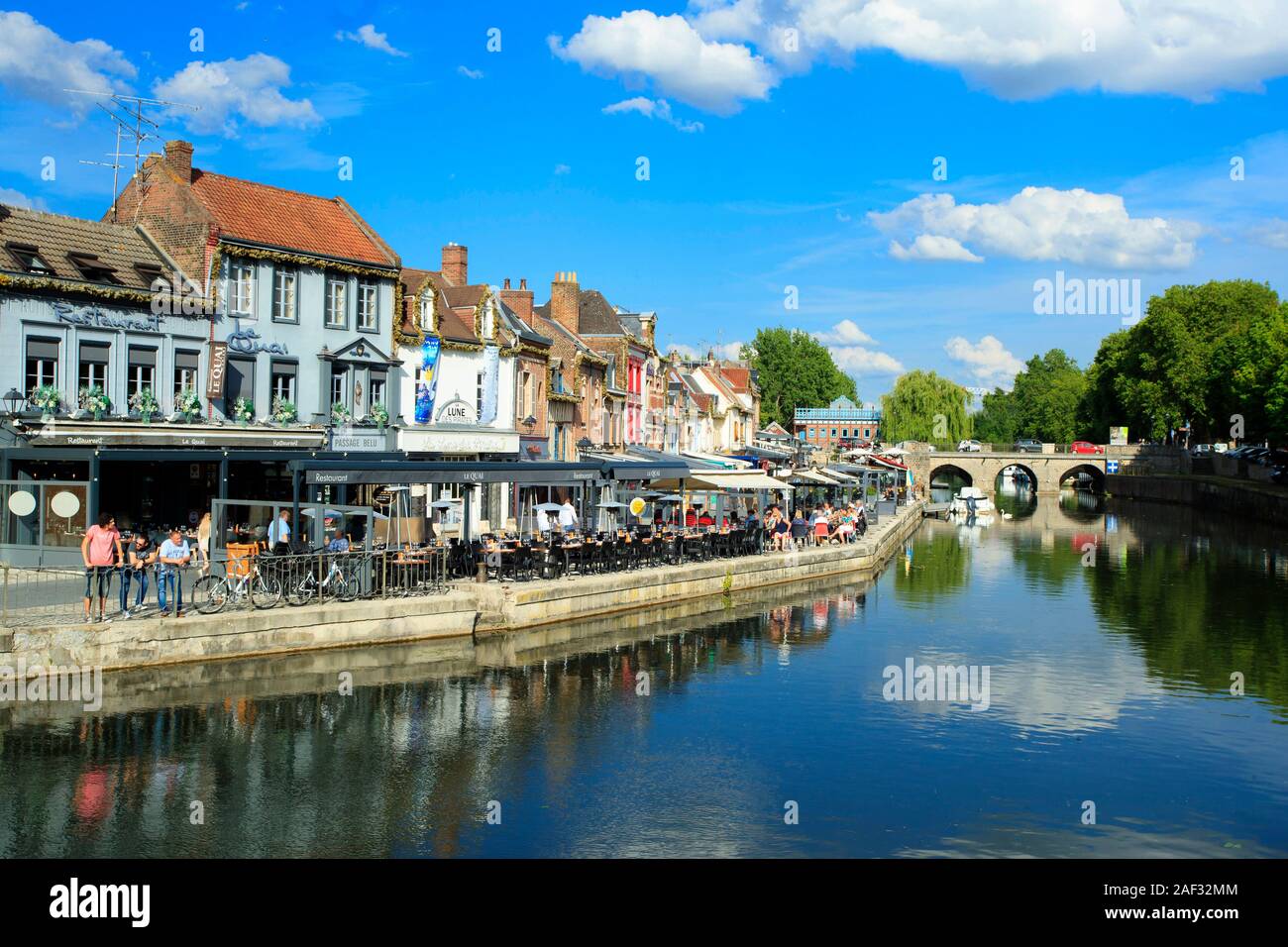 Amiens (northern France): terraces of cafes and restaurants alongside ...