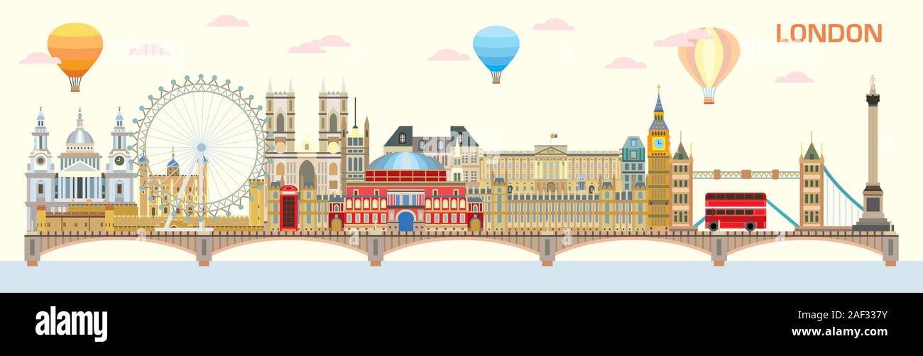 Panoramic vector colorful illustration of London landmarks. London city ...