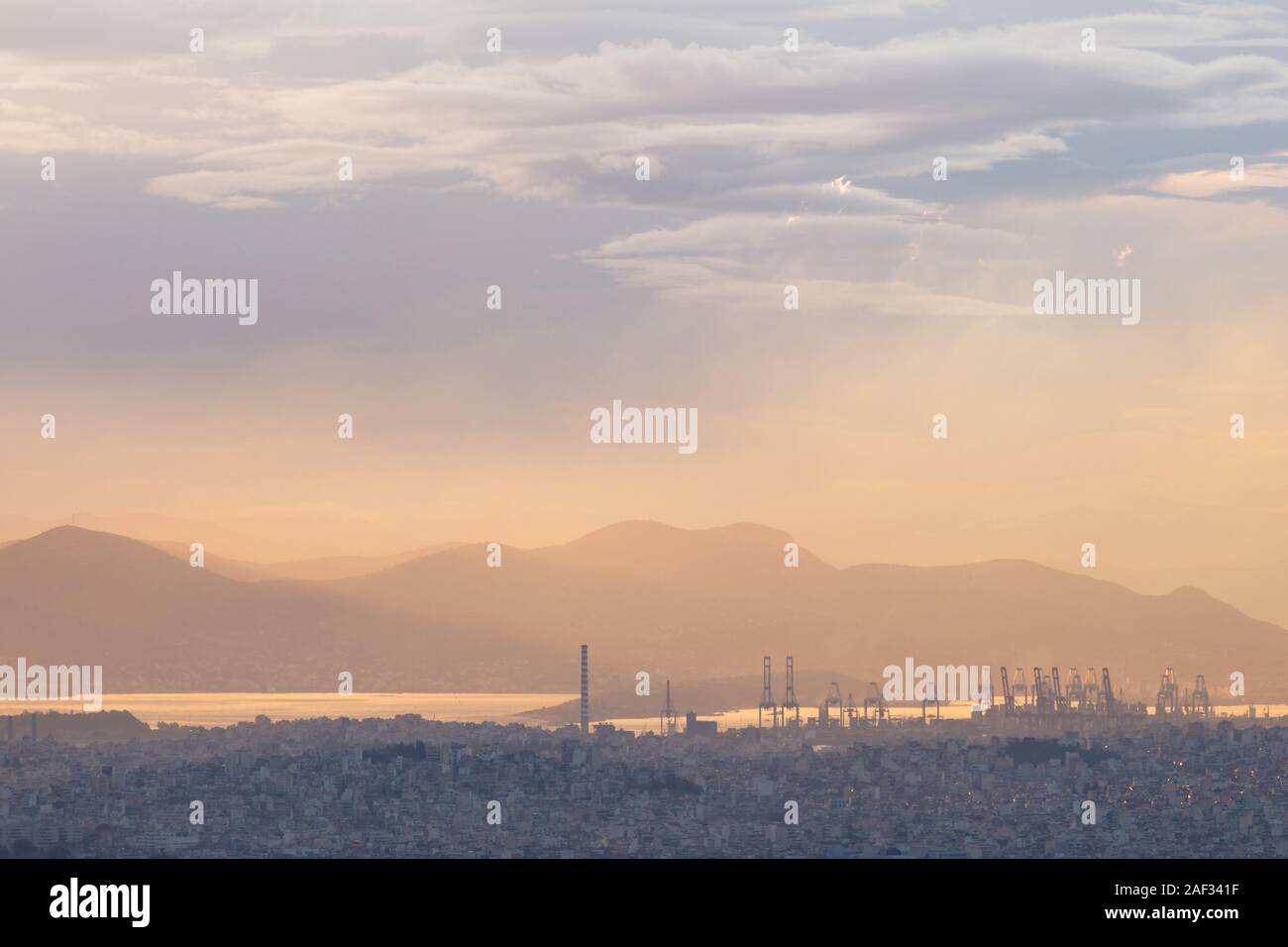 View of Athens, port of Piraeus and Salamina island from Lycabettus ...