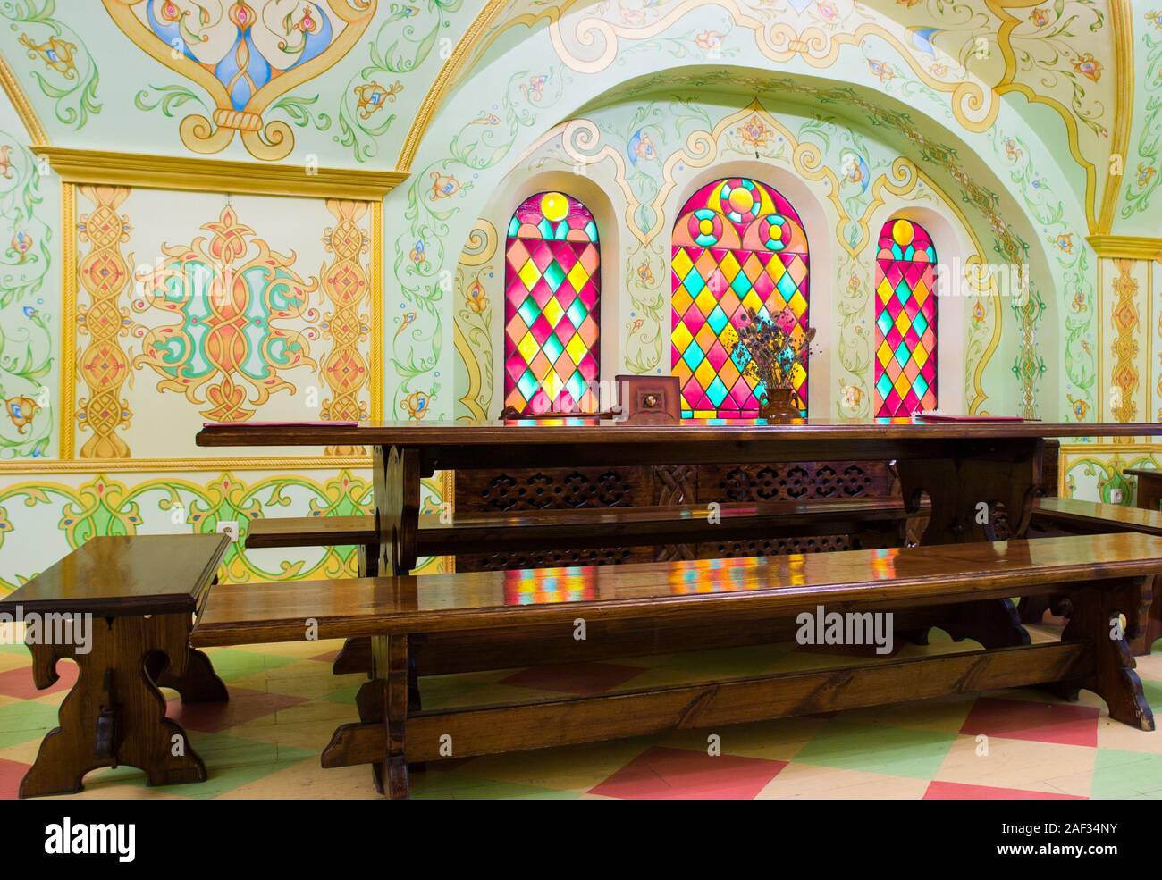 Russian traditional decorated dining-room interior Stock Photo - Alamy