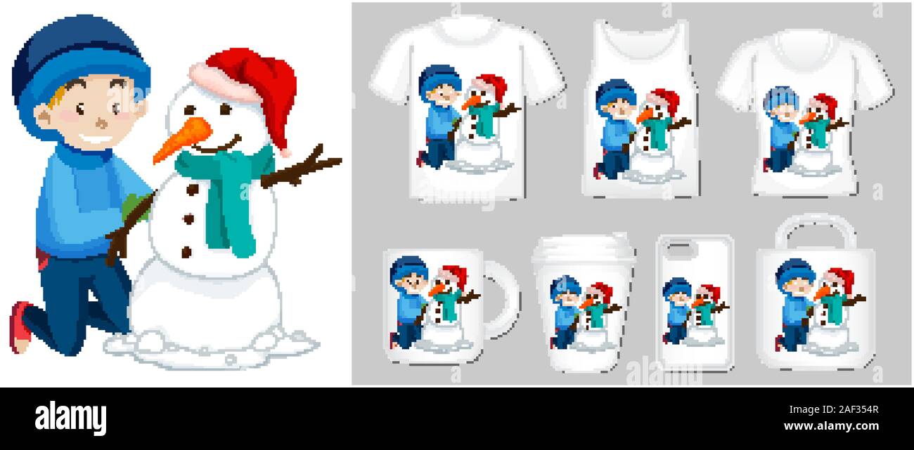 Christmas theme with boy and snowman on product templates illustration ...