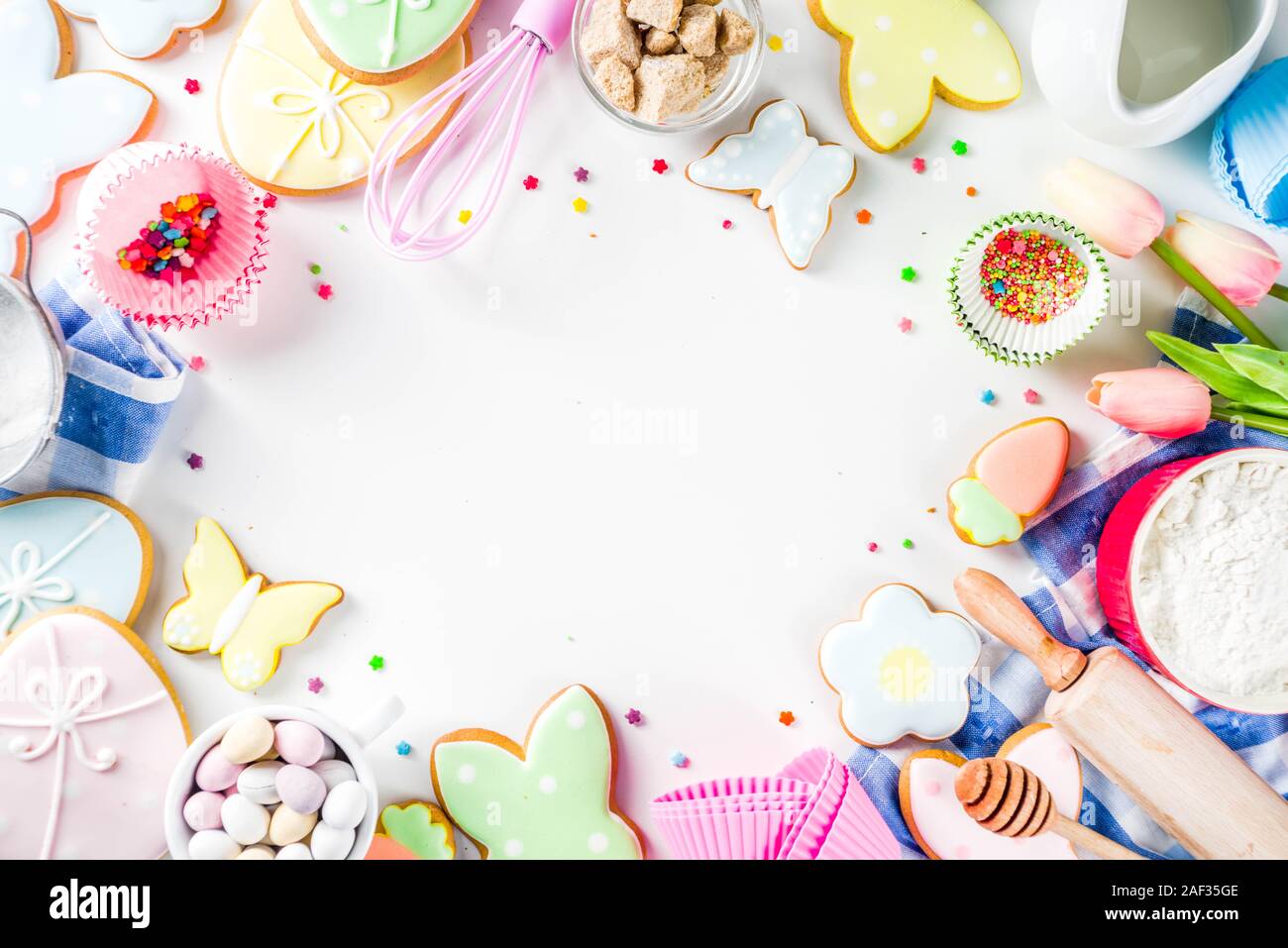 Sweet Easter baking cooking background with traditional Easter bunny ...