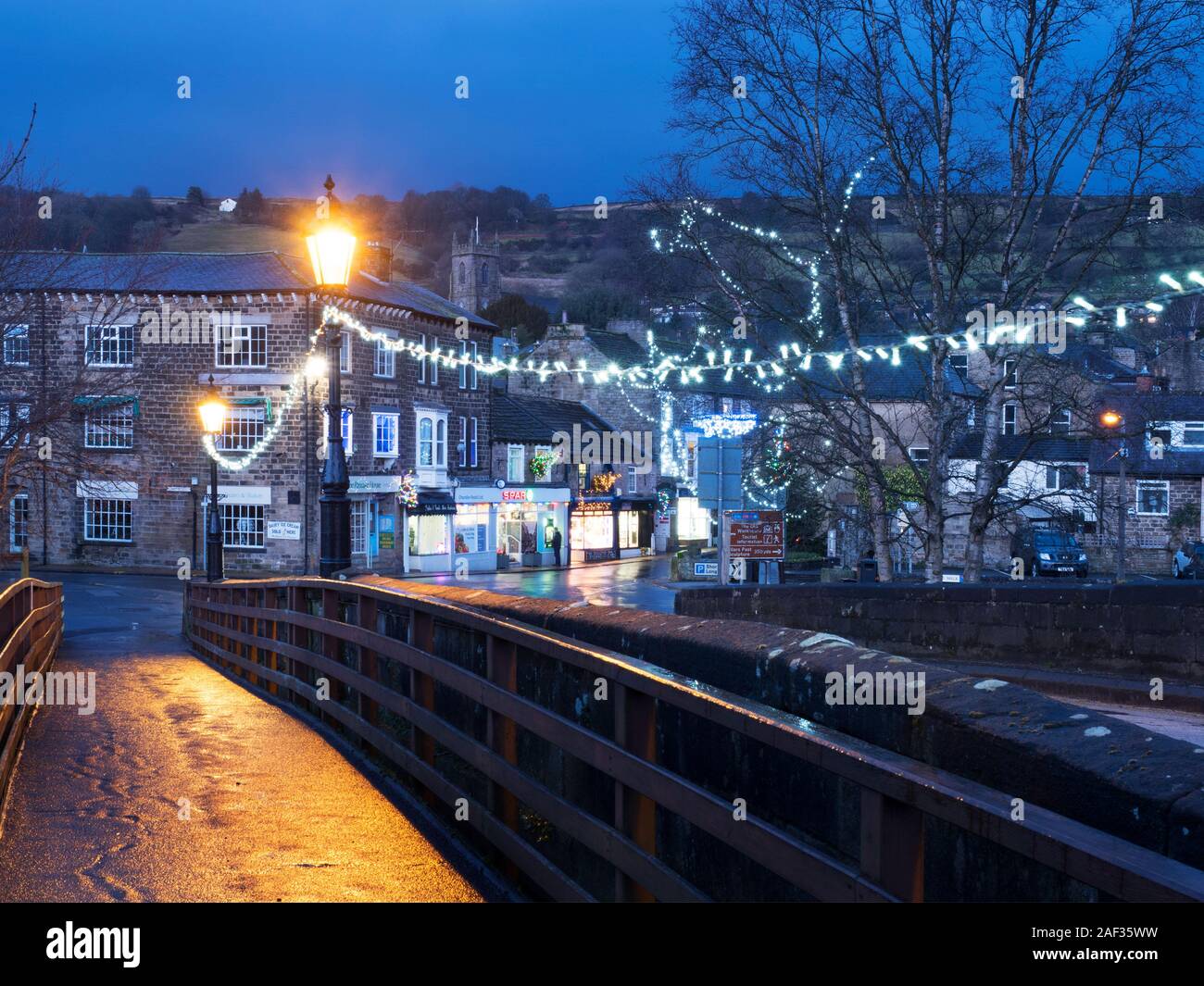 Fairy lights on the bridge and the High Street at Pateley Bridge at ...