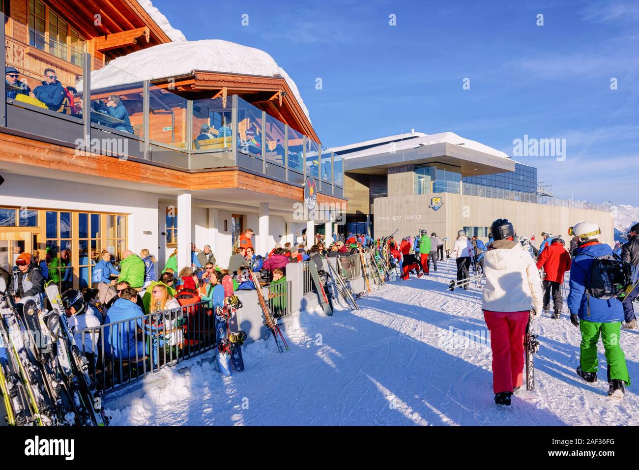 People relaxing at restaurant chalet house on Penken Park Austria Stock ...