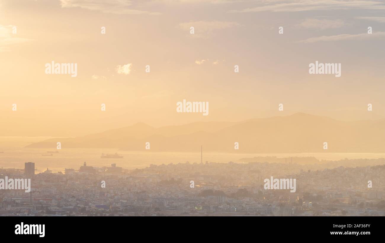 View of Athens, port of Piraeus and Salamina island from Lycabettus ...